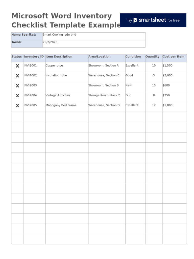 IC Microsoft Word Inventory Checklist Template 12172 - Example - WORD | PDF