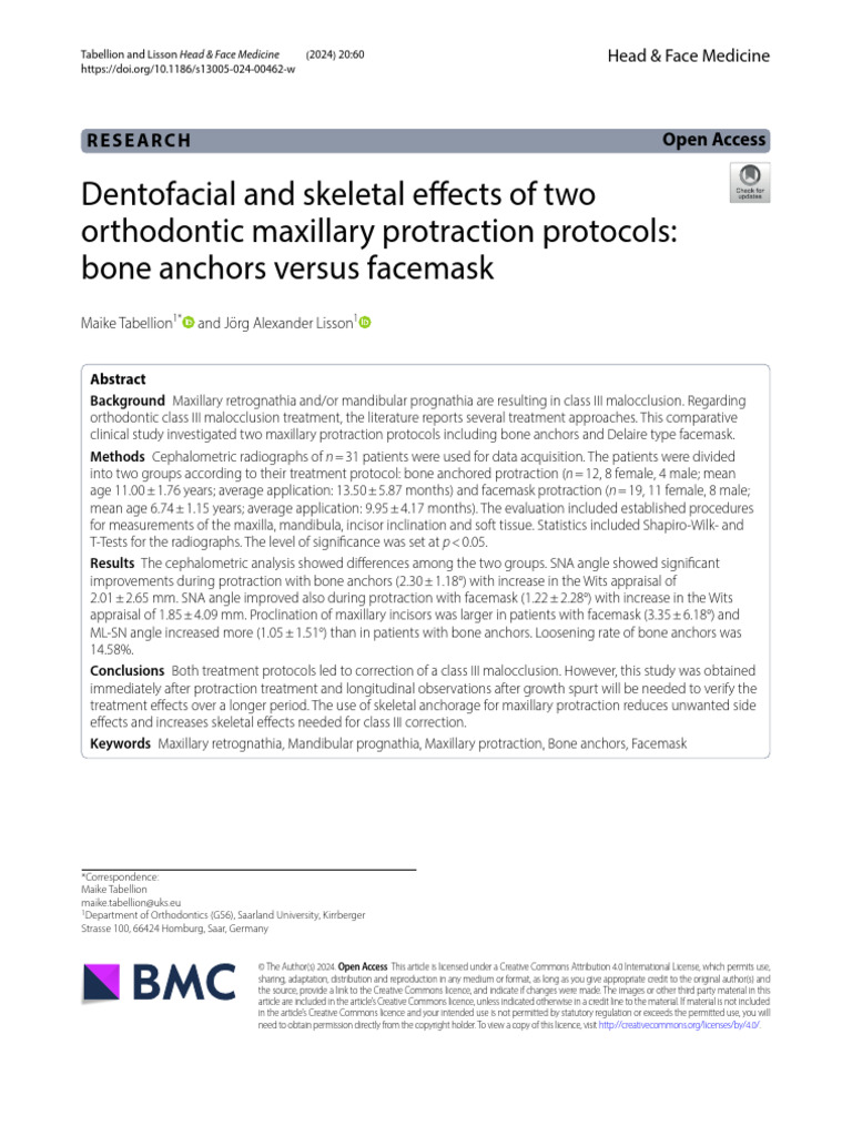 Dentofacial and Skeletal Effects of Two Orthodontic Maxillary Protraction Protocols Bone Anchors ...