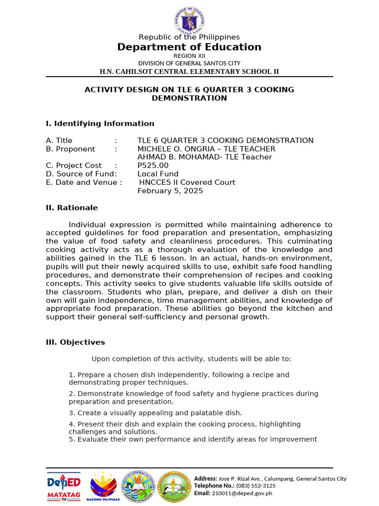 TLE 6 Cooking Demo Activity Plan | PDF | Cognition | Learning