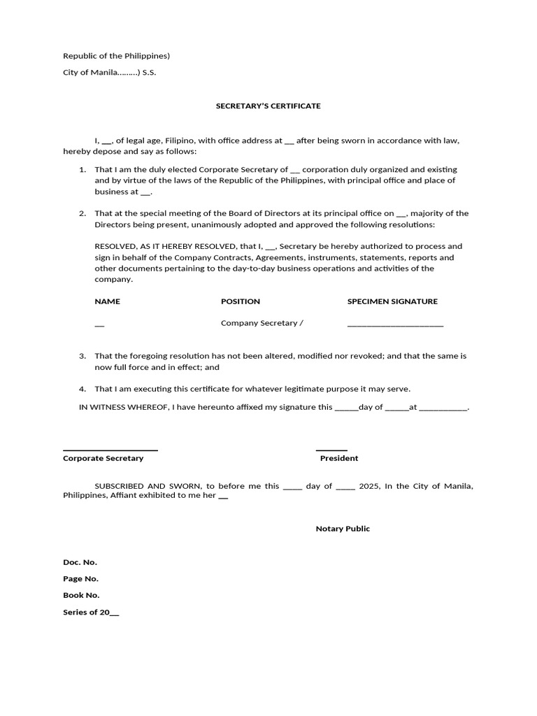 Secretary's Certificate Authorize Signatory Sample 1 | PDF