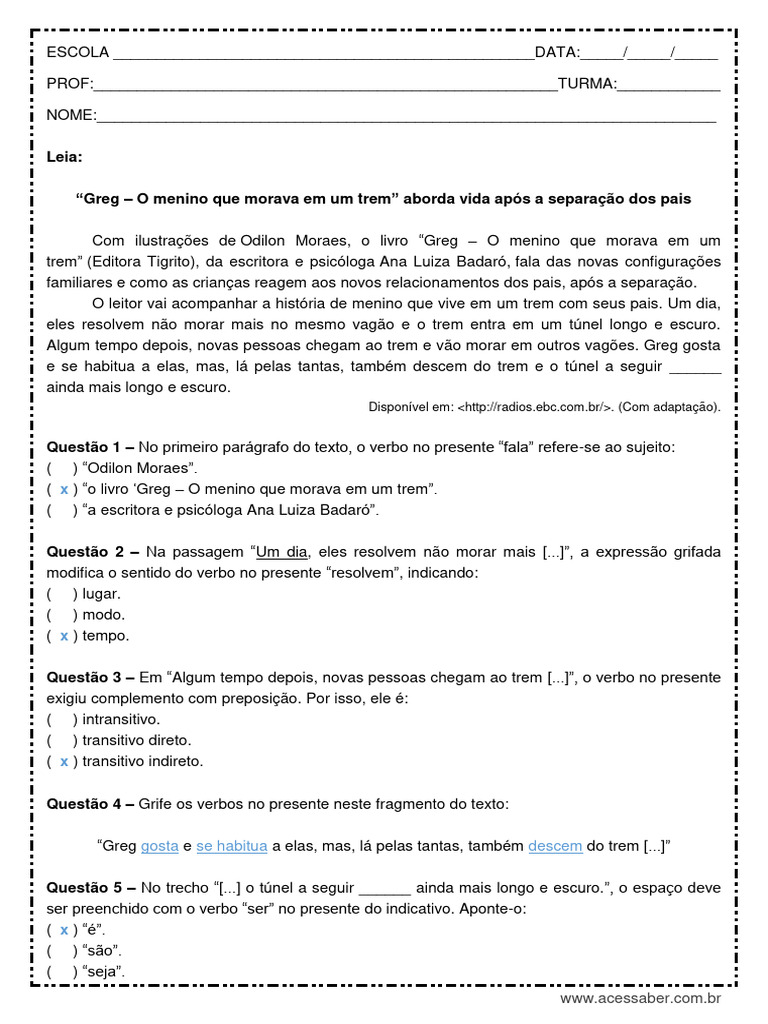Atividade de Portugues Verbos No Tempo Presente 8º Ano Respostas | PDF