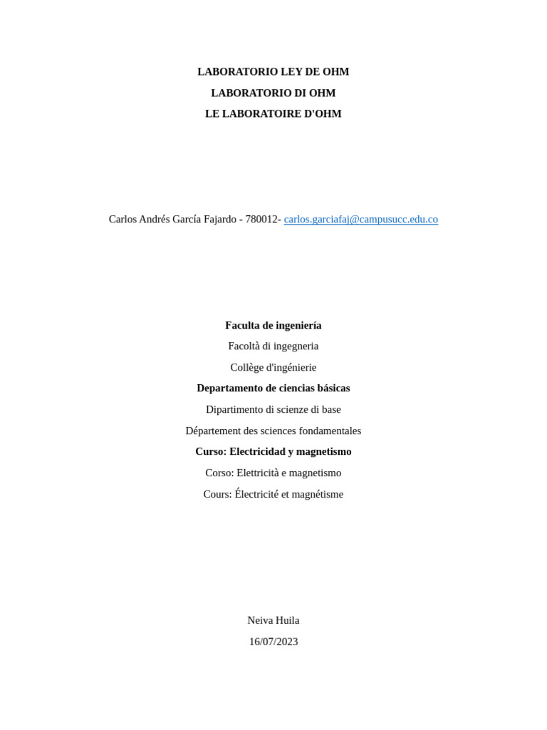 Laboratorio Ley de Oh1 | PDF | Resistencia Eléctrica y Conductancia | Corriente eléctrica