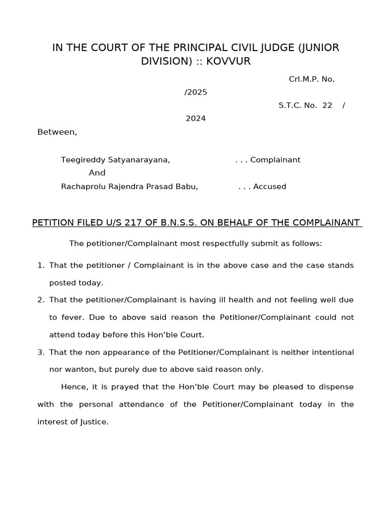 Complainant's Absence Petition in BNSS | PDF