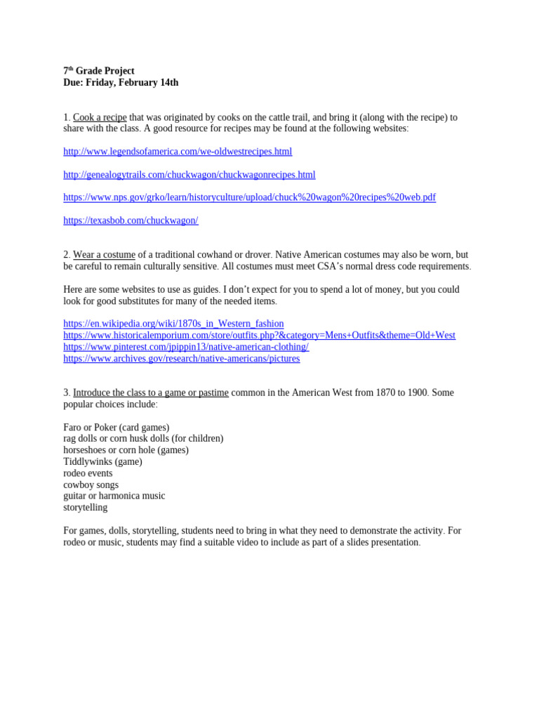 7th Grade Project - Cattle Kingdom & Chuck Wagon Cookout 2025 | PDF