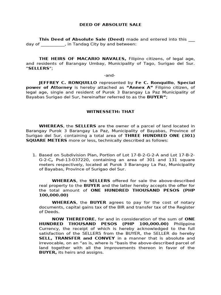Deed of Absolute Sale (Jeffrey Ronquillo) | PDF | Common Law | Private Law