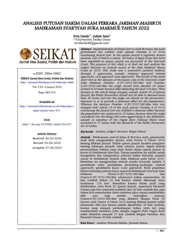 ANALISIS+PUTUSAN+HAKIM+DALAM+PERKARA+JARIMAH+MAISIR+DI+MAHKAMAH+SYAR’IYAH+SUKA+MAKMUE+TAHUN+2022 ...