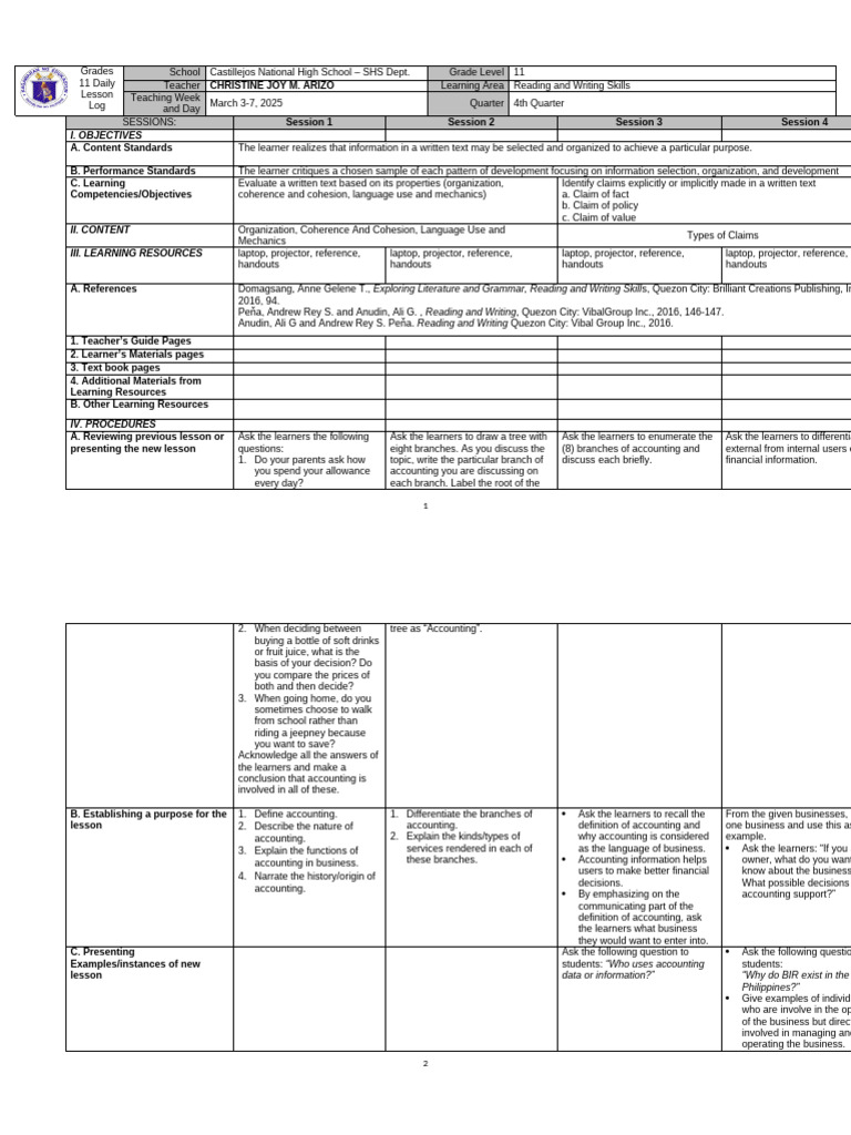 Grade 11 Reading and Writing Lesson Plan | PDF | Learning | Evaluation