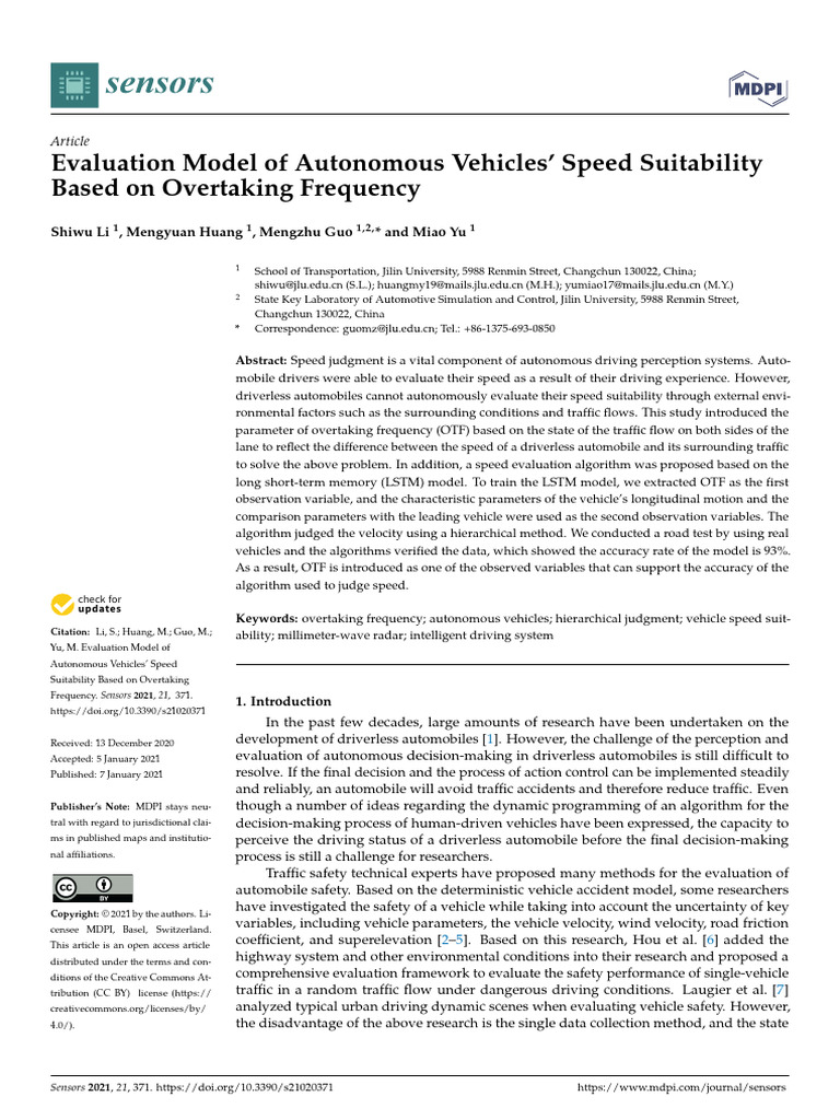 Evaluation Model of Autonomous Vehicles Speed Sui | PDF | Traffic ...