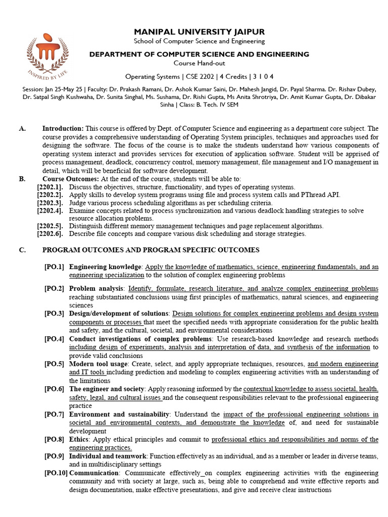 CSE2202 - OPERATING SYSTEMS - CourseHandout | PDF | Process (Computing) | Thread (Computing)