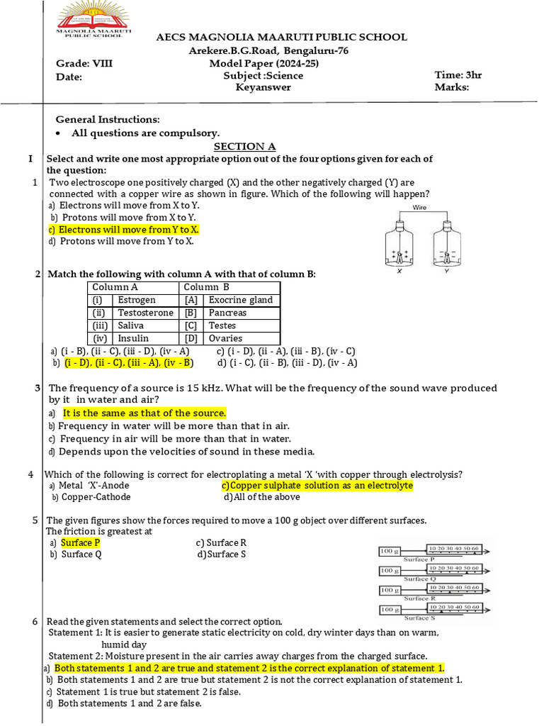 Class 8 Science Model Question Paper | PDF | Reflection (Physics ...