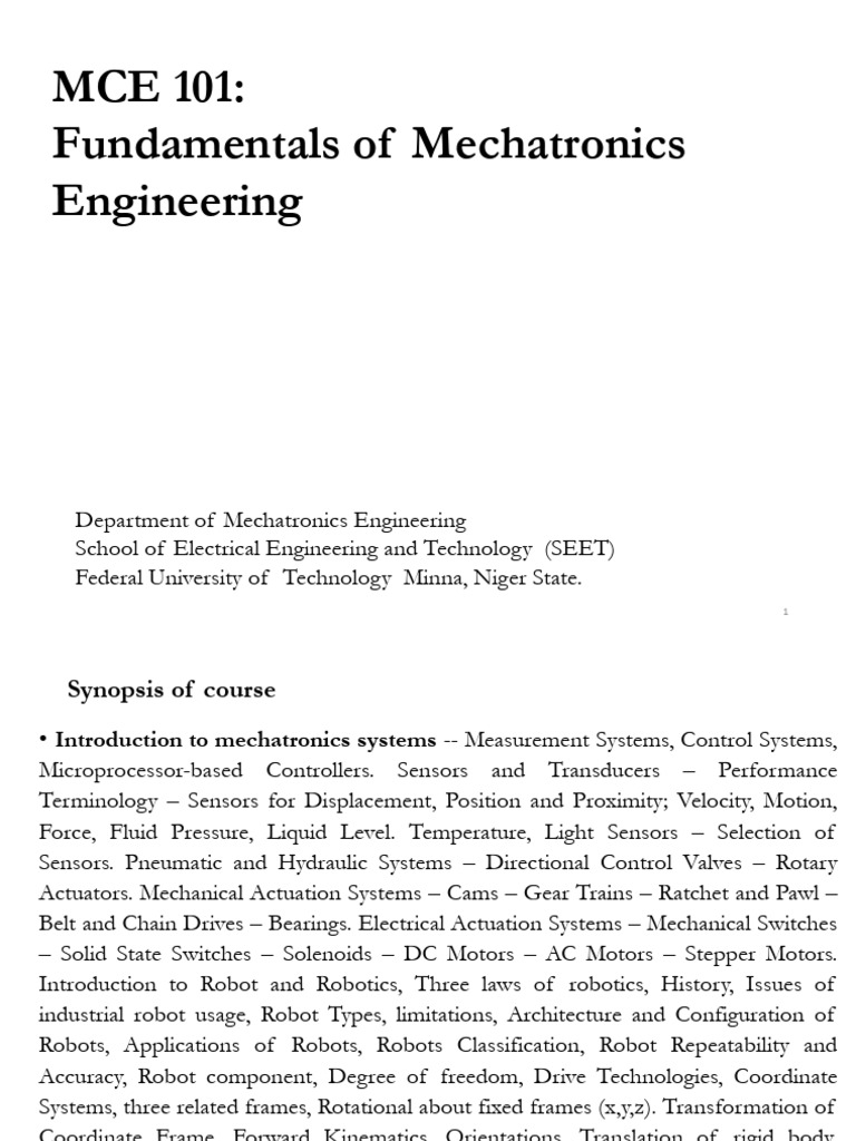MCE 101 - Module 1 - 1 - Introduction | PDF | Actuator | Mechatronics