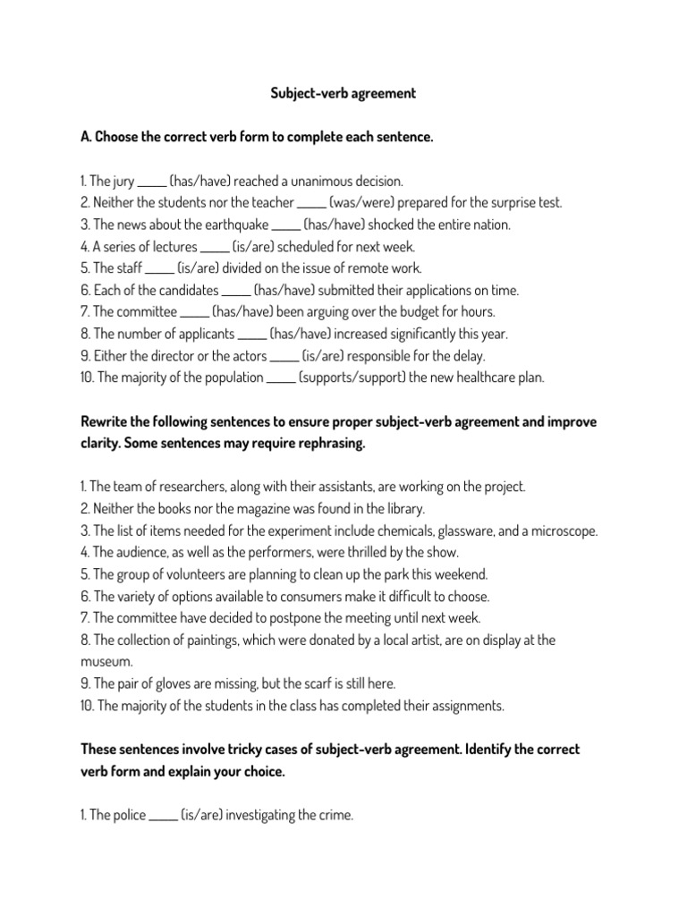 Subject-Verb Agreement Exercises | PDF