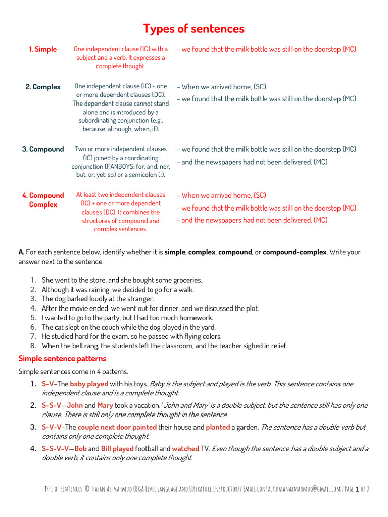 Types of Sentences - Note + Exercises | PDF | Language Mechanics | Syntax