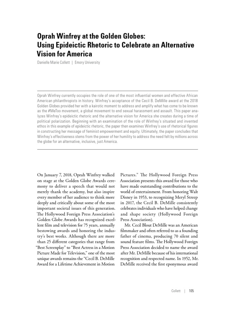 Oprah's Golden Globes Speech Analysis | PDF | Rhetoric | Persuasion