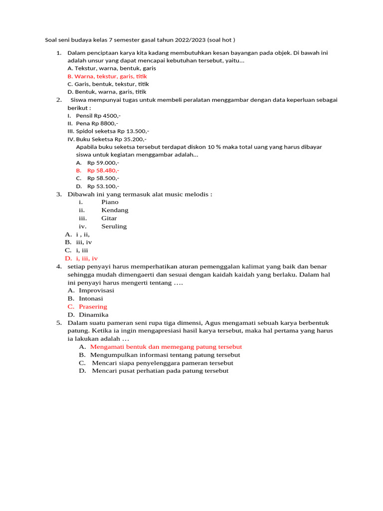 Soal Seni Budaya Kelas 7 Semester Gasal Tahun 2022 Hot | PDF