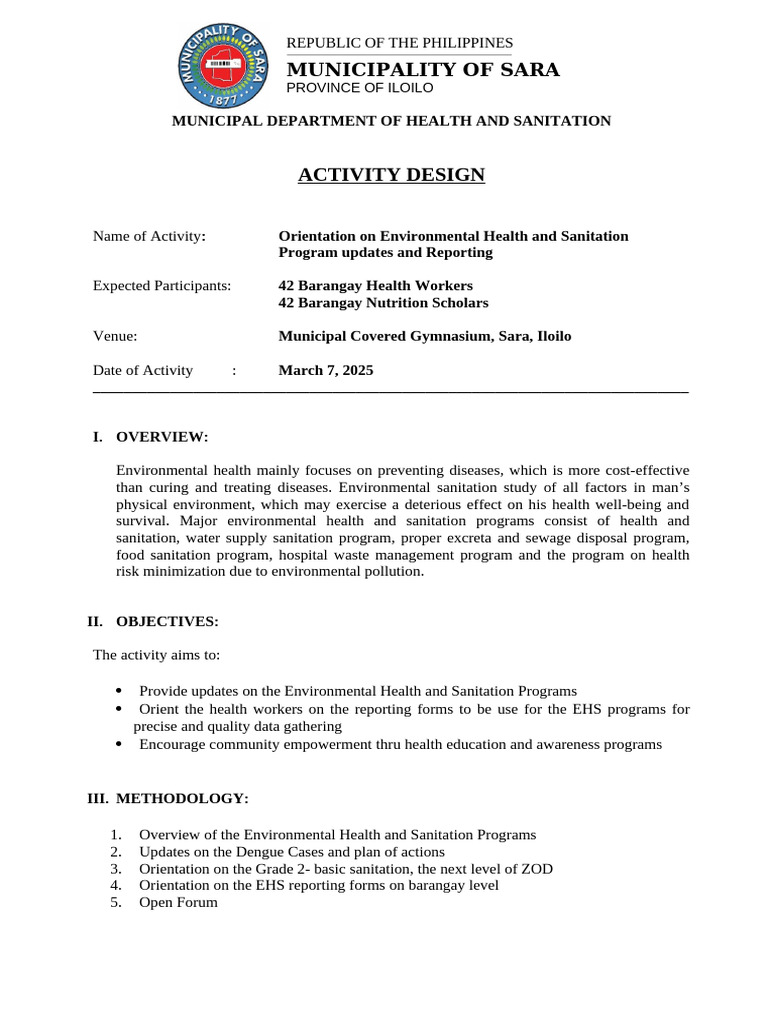 Activity Design - Ehs Orientation | PDF | Sanitation | Environmental Health