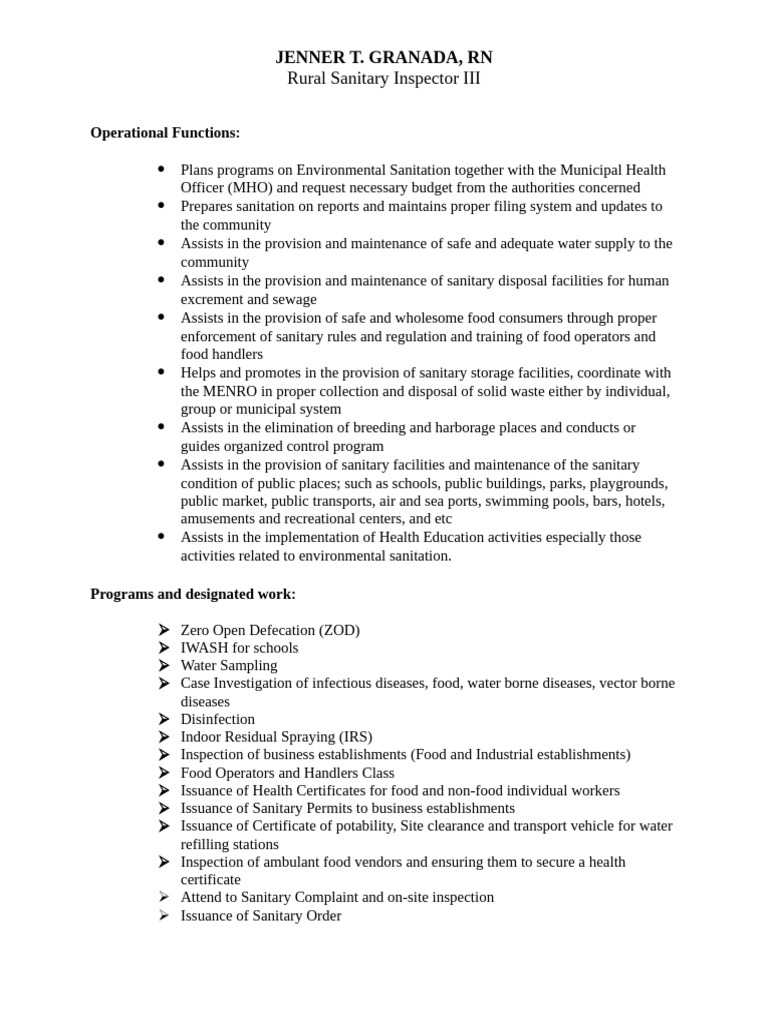 Sanitary Inspector Duties and Accomplishments | PDF | Sanitation | Water