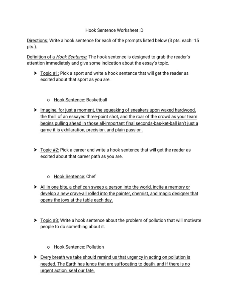 Hook Sentence Creation Worksheet | PDF
