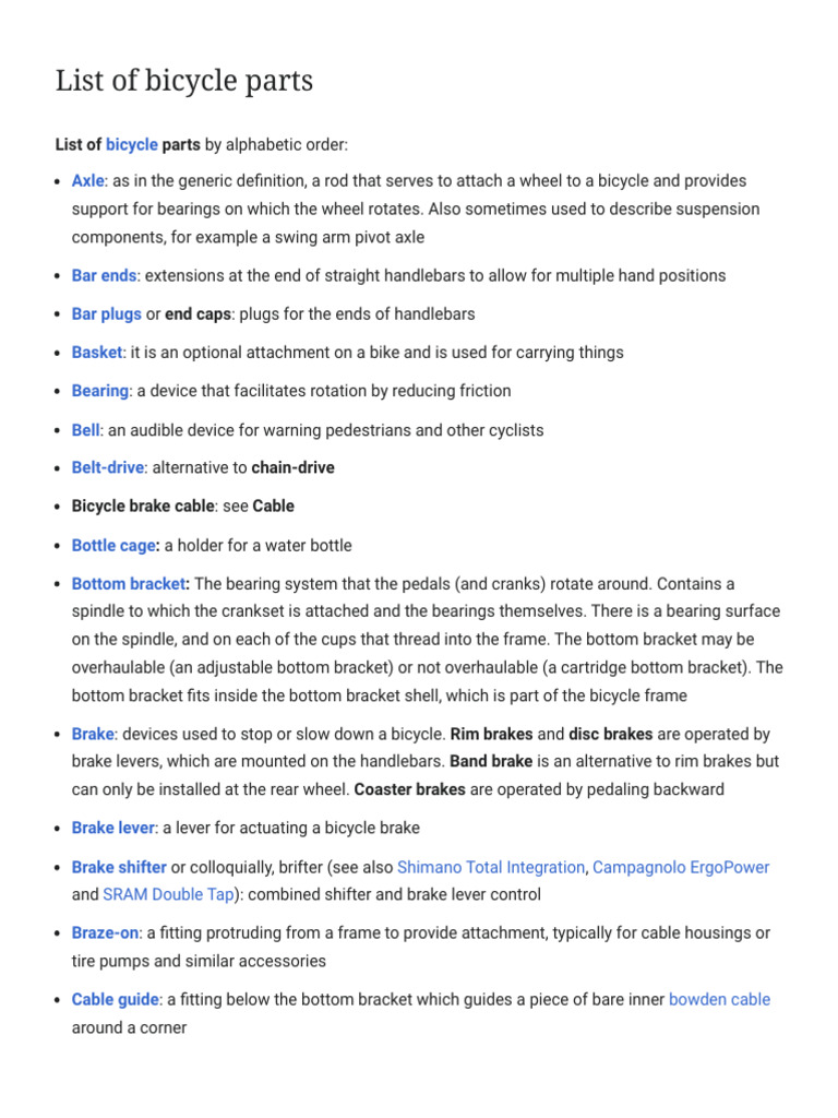 List of Bicycle Parts - Wikipedia | PDF | Vehicle Technology | Vehicle ...