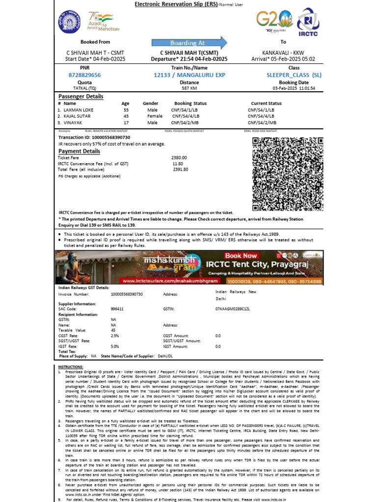 Print - C Shivaji Mah T - CSMT - Kankavali - KKW - 8728829656 | PDF | Identity Document | Payments