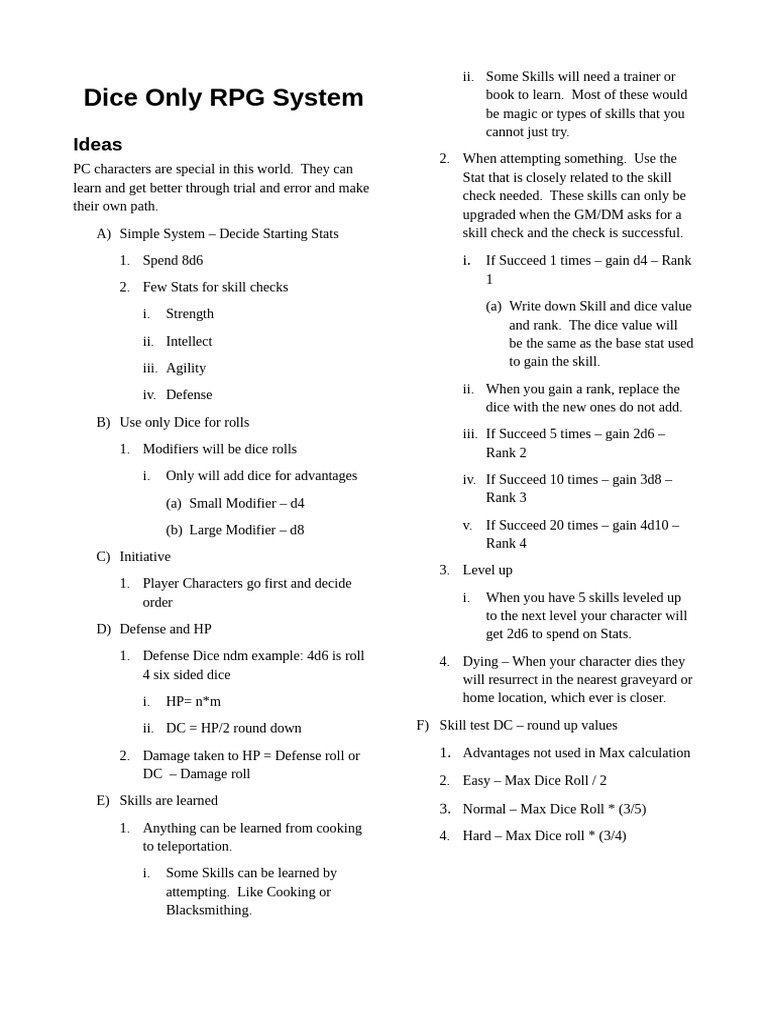 Dice Only RPG System - Outline | PDF | Storytelling | Role Playing
