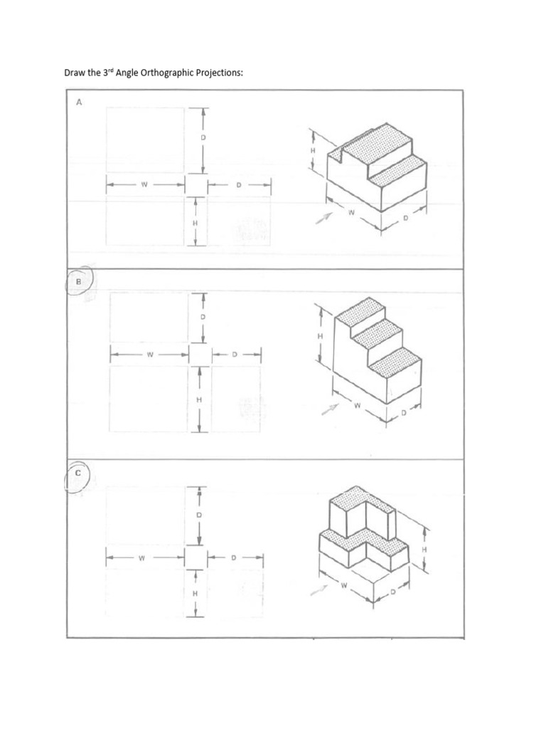 3rd Angle Orthographic Projections Assignment | PDF