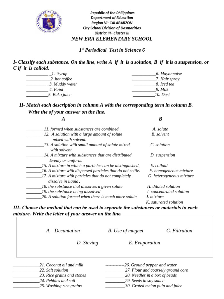 Science 6 1st Periodical Test With Answer Key | PDF | Mixture | Filtration