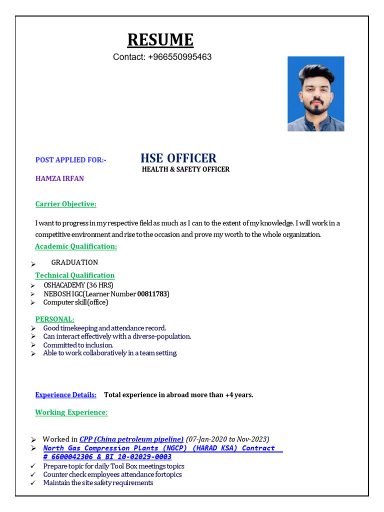 HSE Officer Resume: Hamza Irfan | PDF