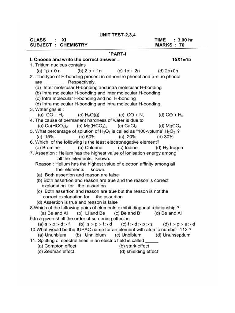11th Chemistry Unit Test 23 and 4 Question Paper English Medium PDF ...