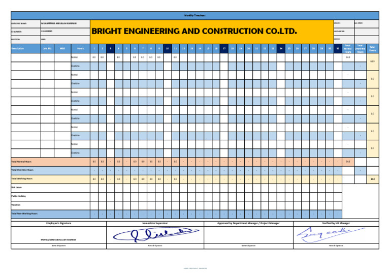 Muhammad Abdullah Kamran - Jan-25 (Stand by Timesheet) | PDF | Overtime | Workplace