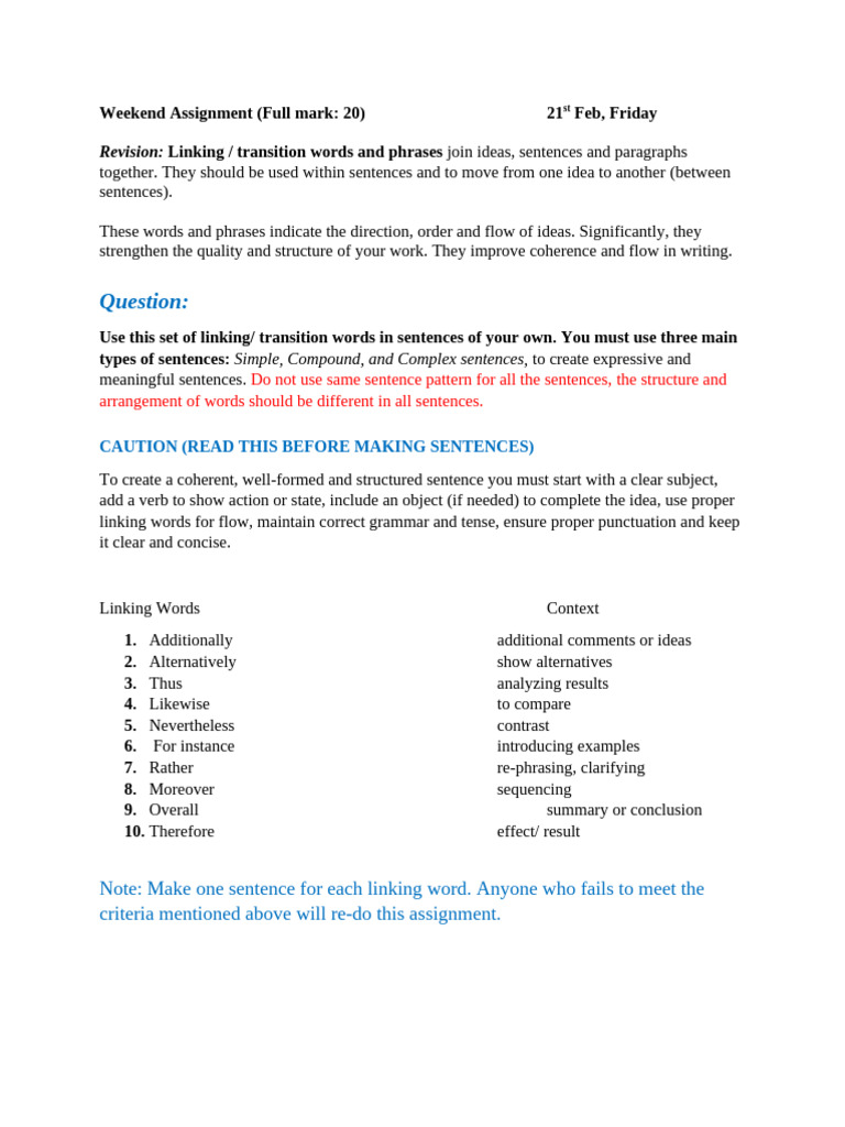 Linking Words Assignment | PDF
