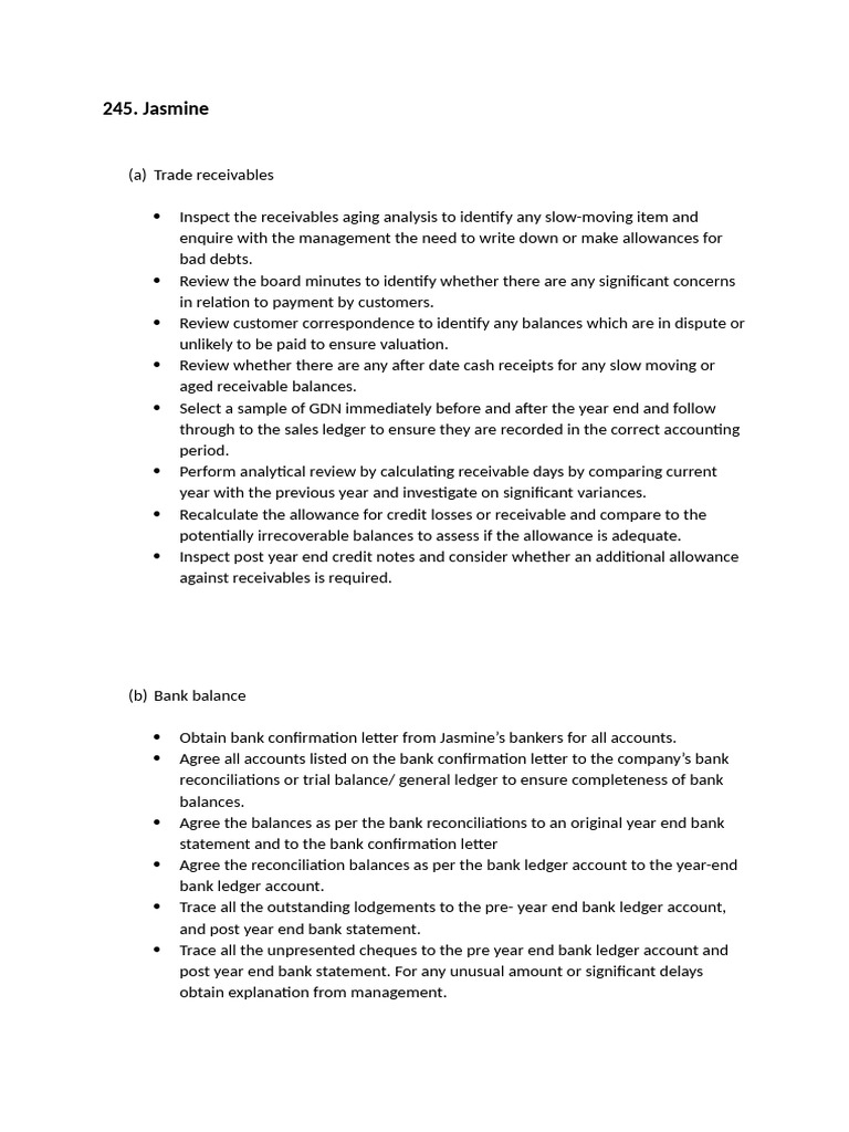 Audit Procedures for Trade Receivables and Bank Balances | PDF | Banks ...