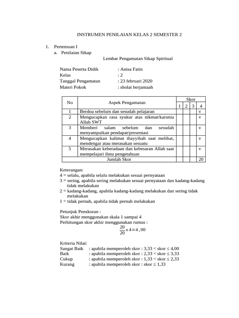 Instrumen Penilaian Kelas 2 Semester 2 | PDF