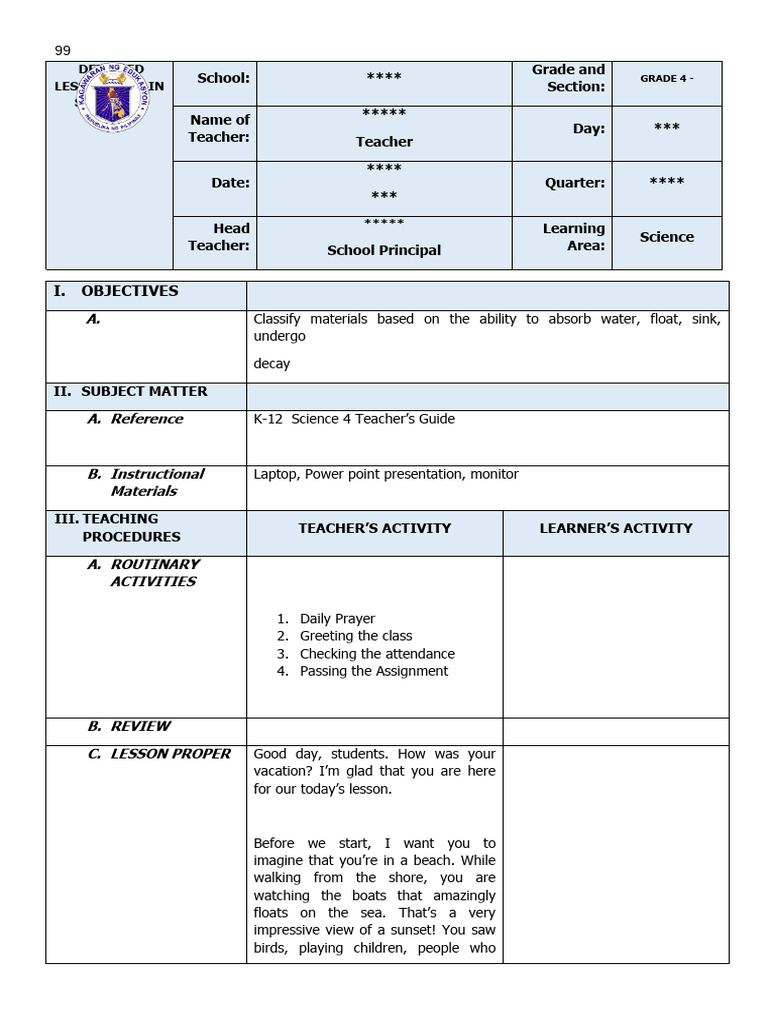 DLP SCIENCE 4 - Q1 (1) | PDF | Water | Soil