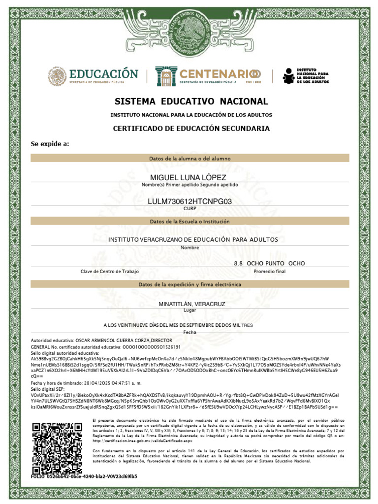 Certificado De Educación Secundaria Inea Pdf