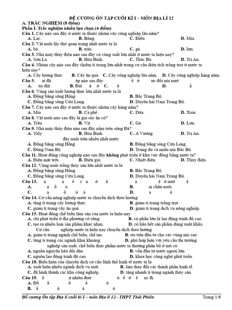 ĐỀ CƯƠNG - ĐỊA LÍ 12-CK1 | PDF