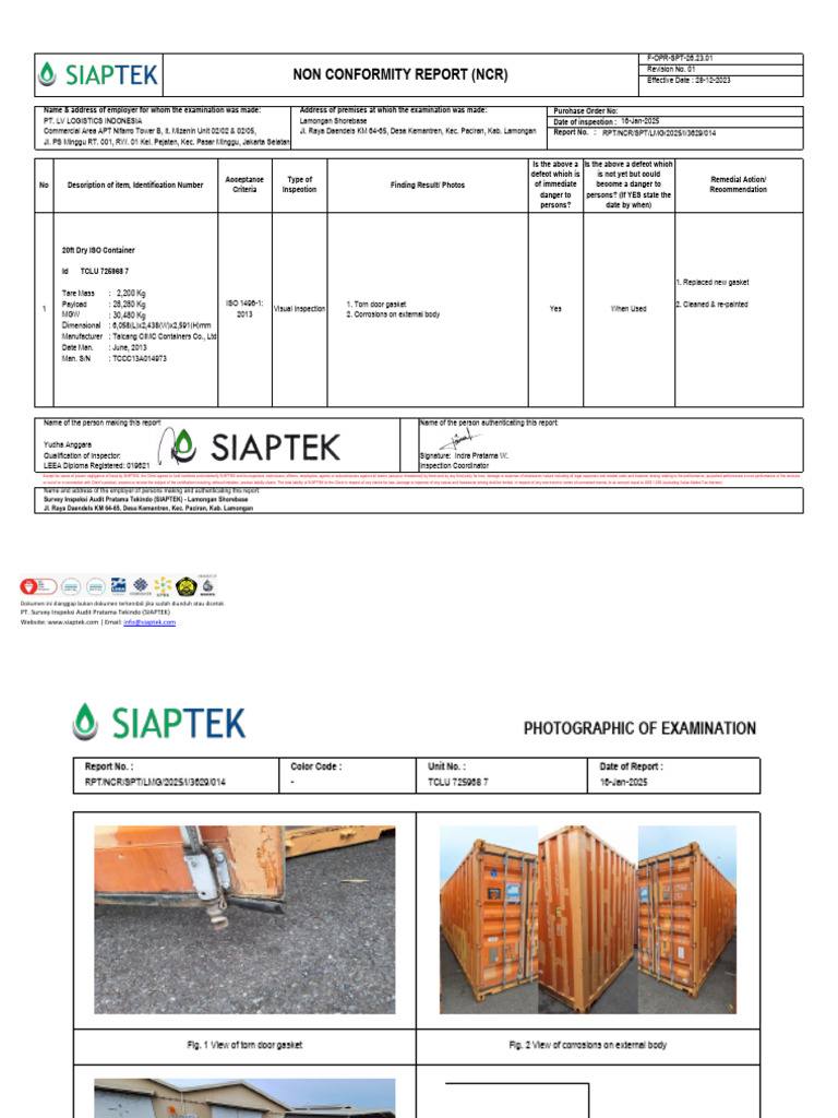 NCR RN 014 20ft Dry Container Id TCLU 725968 7 | PDF | Civil Law (Legal ...