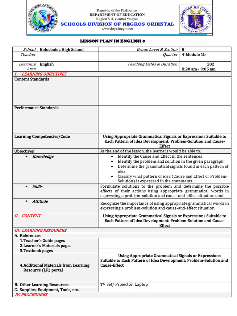English 8 Lesson Plan: Cause-Effect & Problem-Solution | PDF | Learning ...