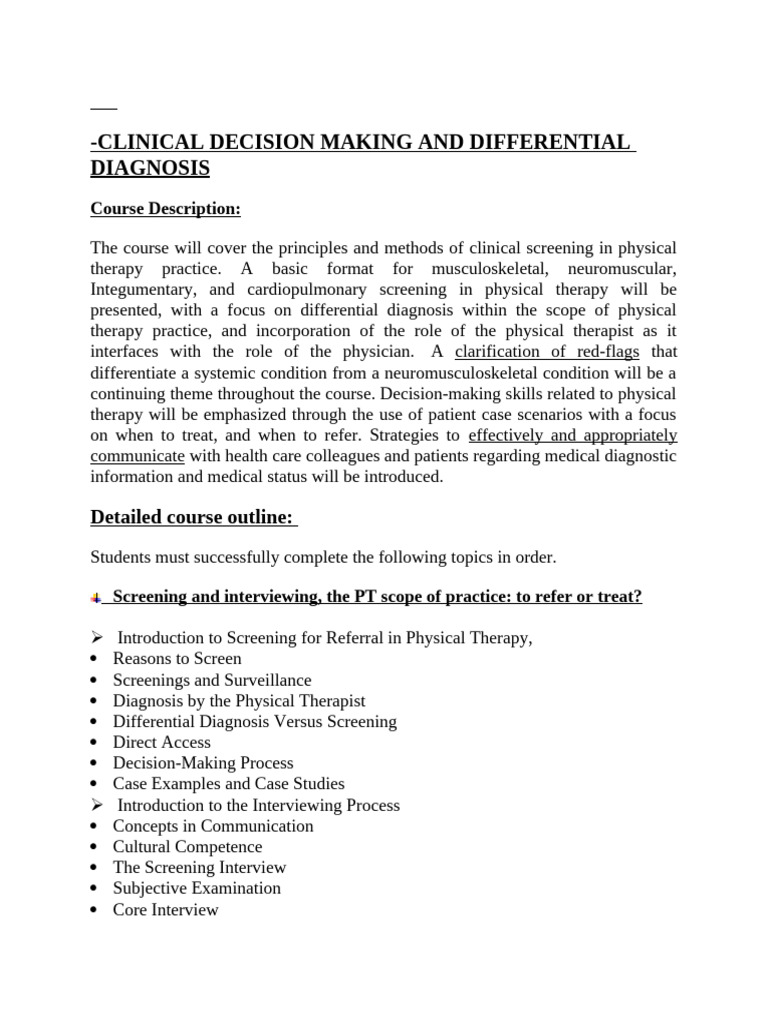 Clinical Decision Making and Differential Diagnosis | PDF | Physical Therapy | Cancer