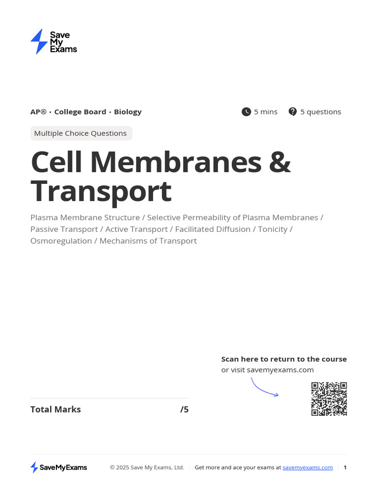 Cell Membranes and Transport TQST - WwXWKtPrN6NrP8KN | PDF | Cell ...