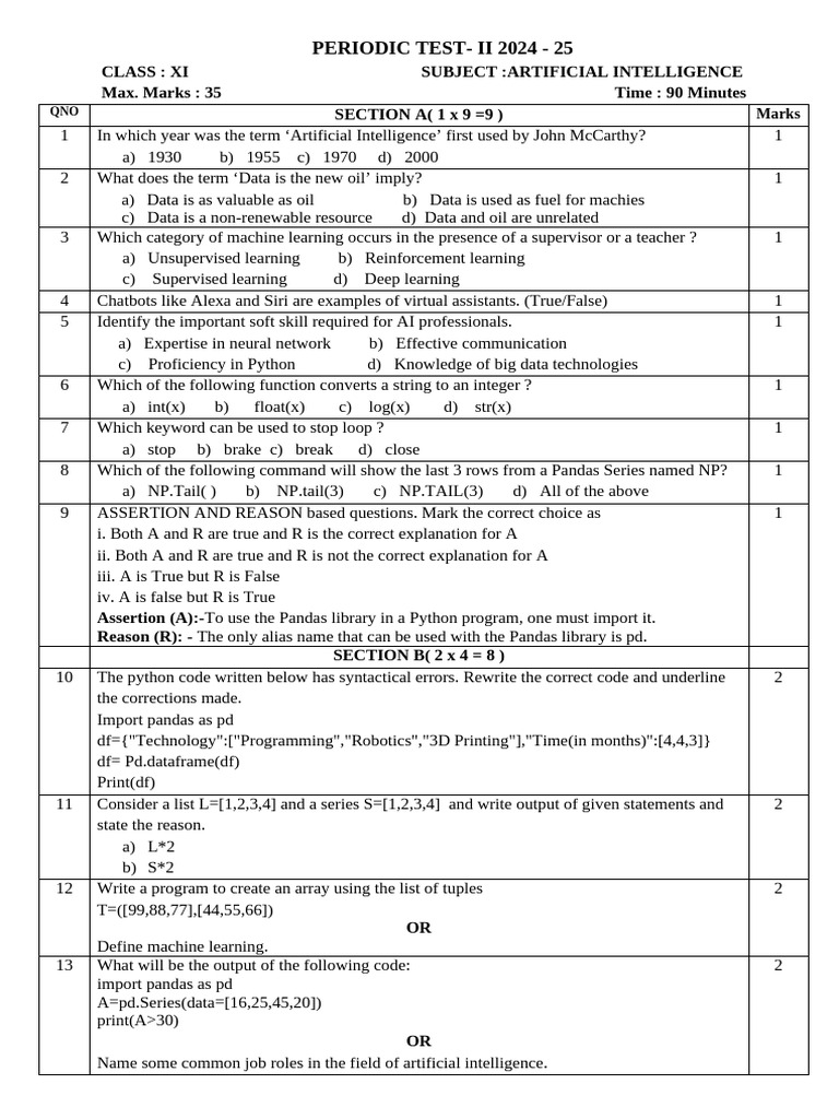 XI AI PT II QP | PDF | Artificial Intelligence | Intelligence (AI) & Semantics