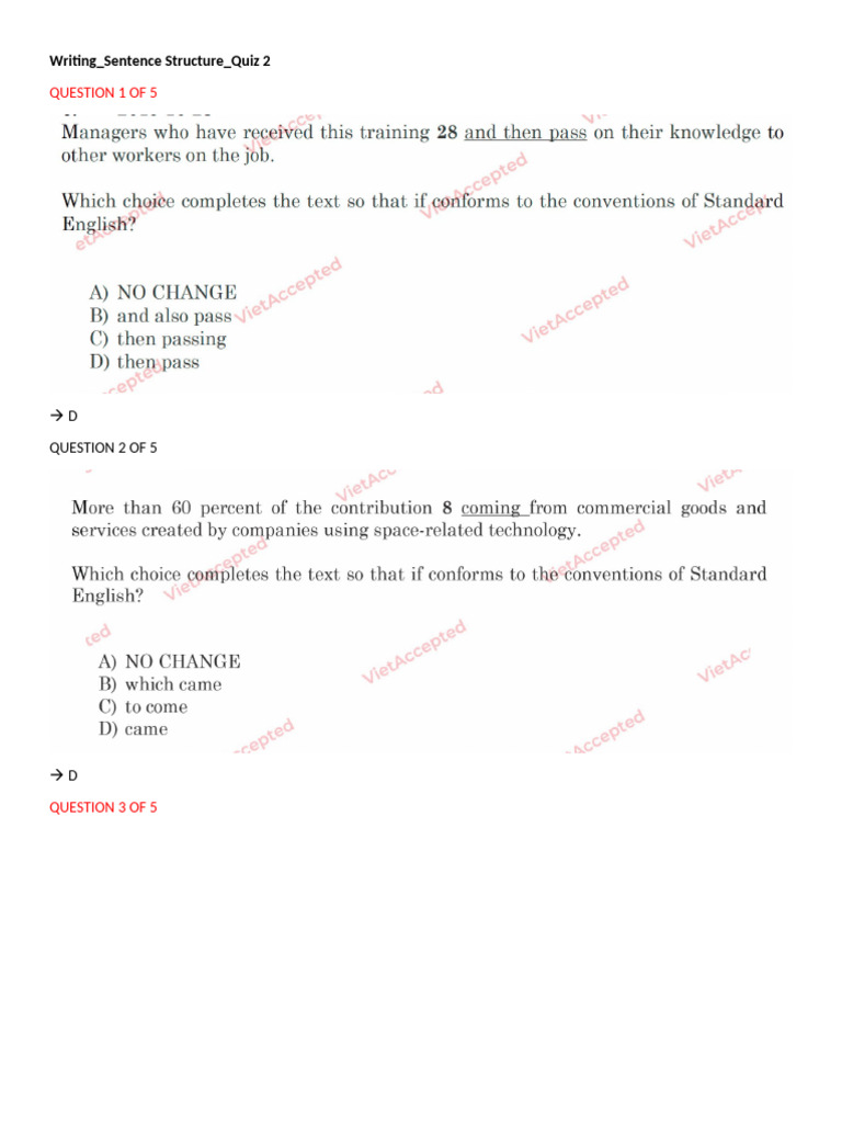 Writing - Sentence Structure - Quiz 2 | PDF
