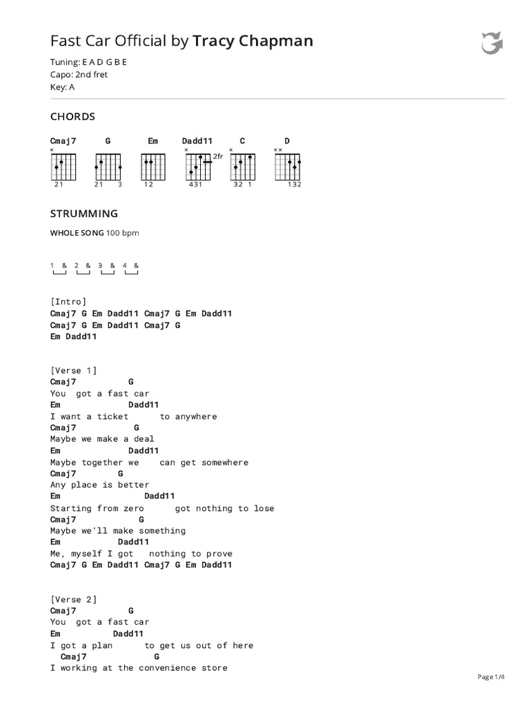 Fast Car Guitar Chords and Lyrics | PDF