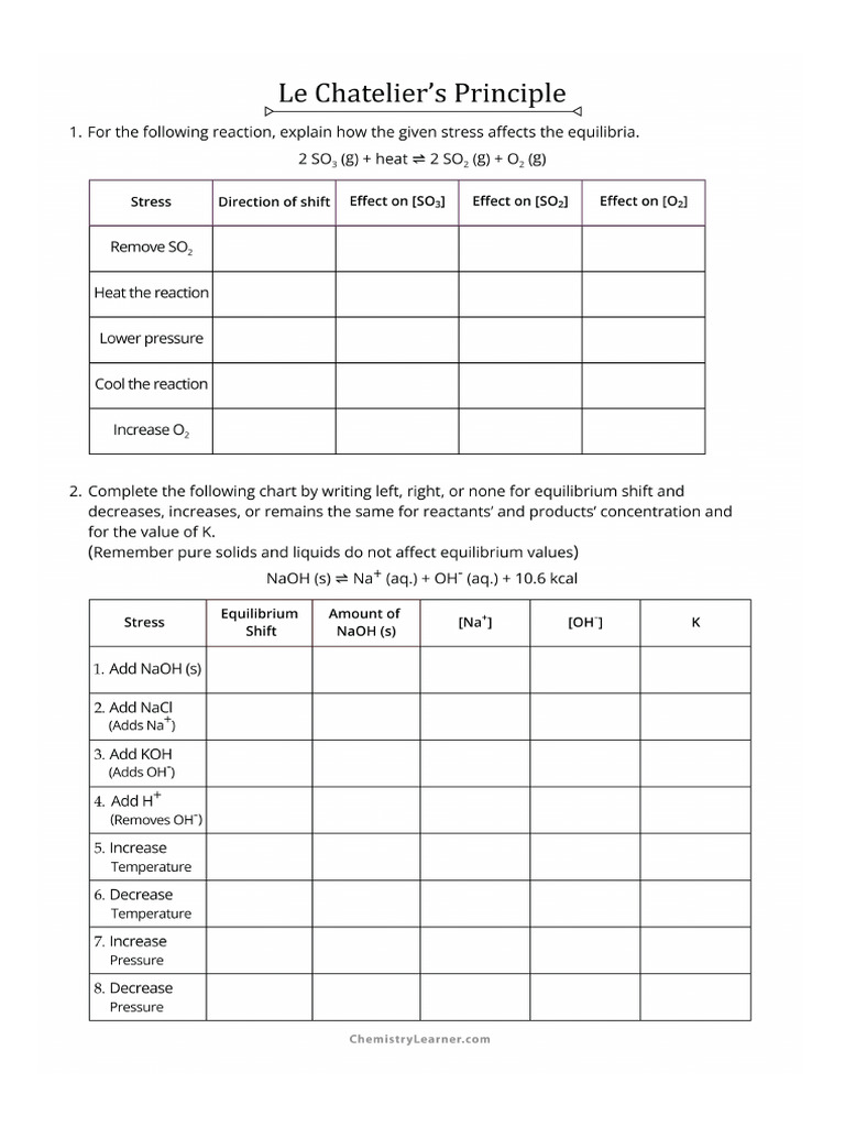 Equilibrium and Le Chatelier Worksheet With Answers | PDF