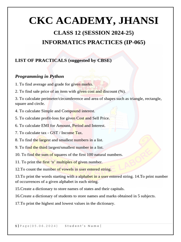 Class 12 IP Practicals Guide | PDF | Area | Interest