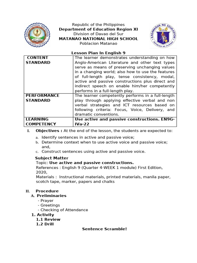 English 9 Lesson Plan: Active vs. Passive Voice | PDF | Subject ...