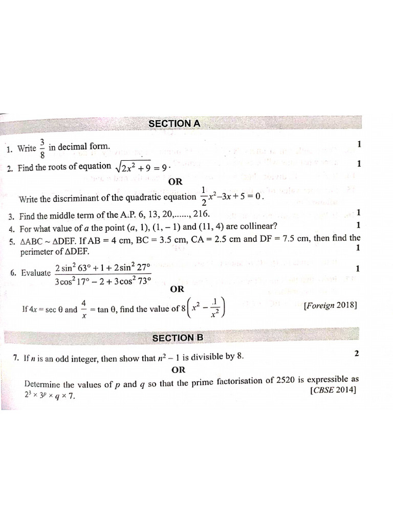 10th CBSE MATHS QP 2 | PDF
