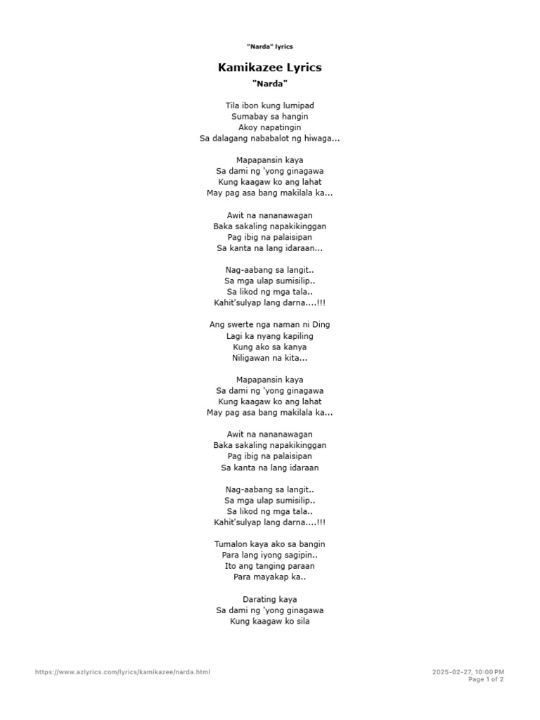 Kamikazee - Narda Lyrics | PDF