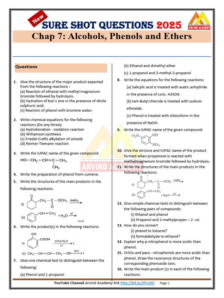 Question Chap 7 Alcohols, Phenols and Ethers | PDF | Ether | Ethanol