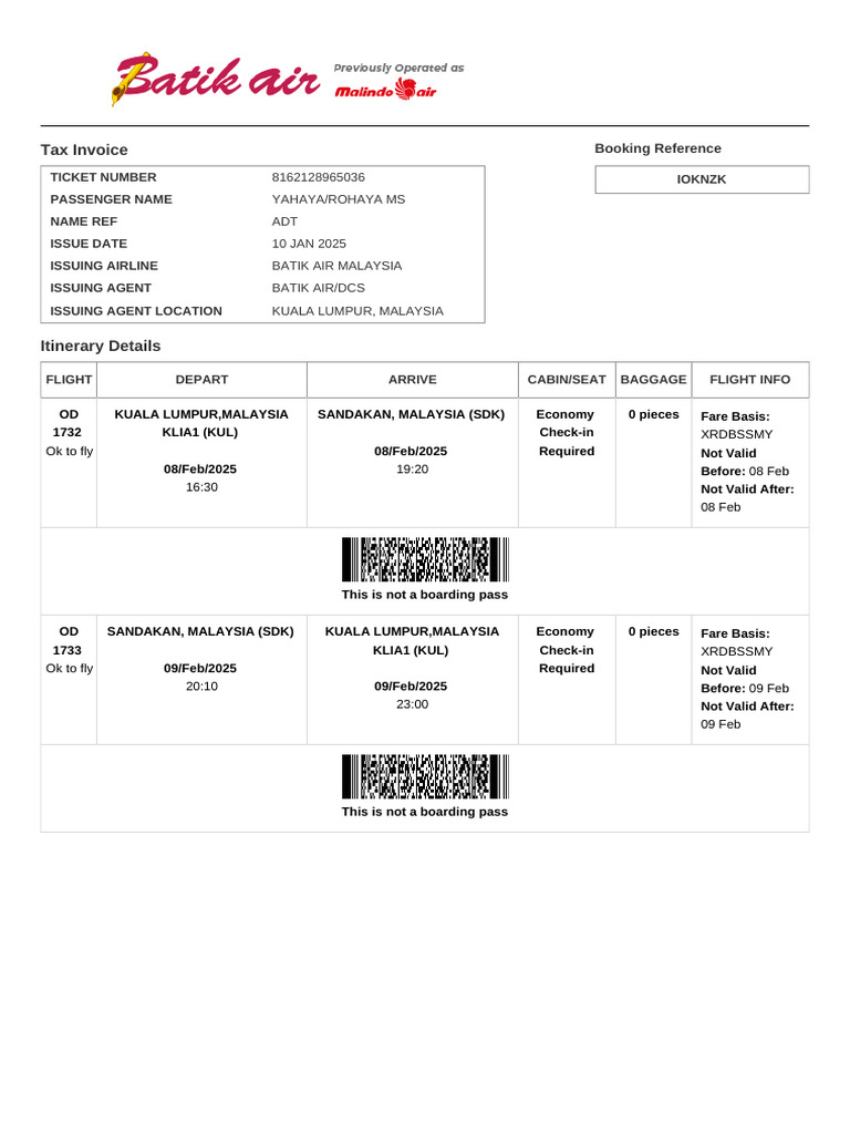 Electronic Ticket Receipt, Feb 08, For MS ROHAYA YAHAYA | PDF | Credit Card